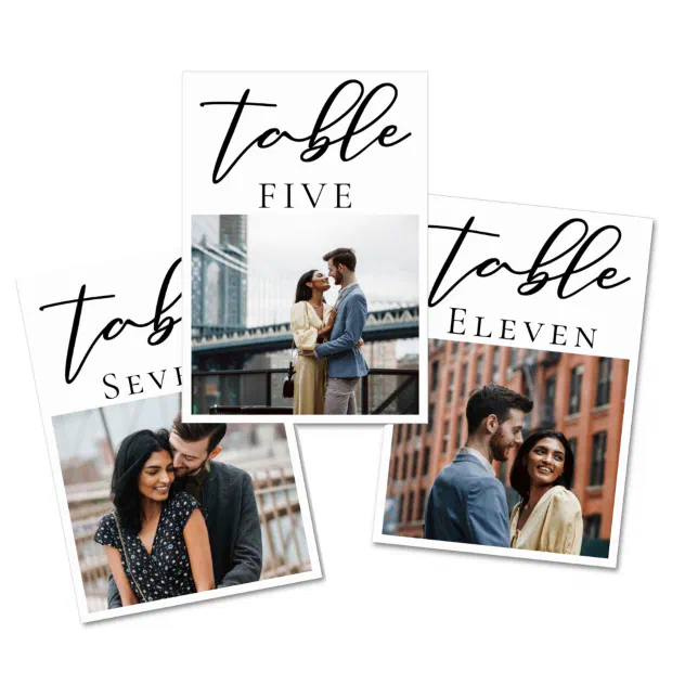 Simple Black Script Modern Couple Photo Wedding Table Number | Zazzle
