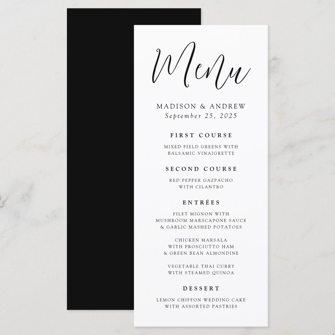 Simple Black Script Wedding Menu | Zazzle
