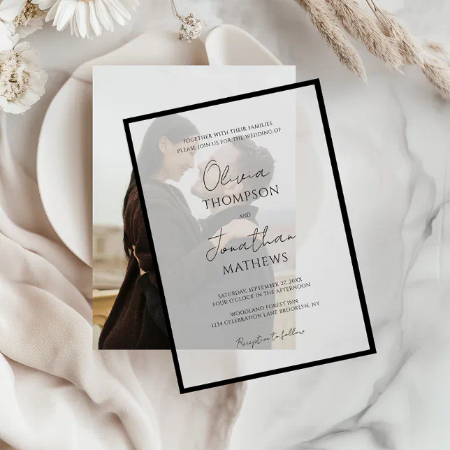 Simple Black Square Border Script Overlay Wedding Vellum Invitations ...