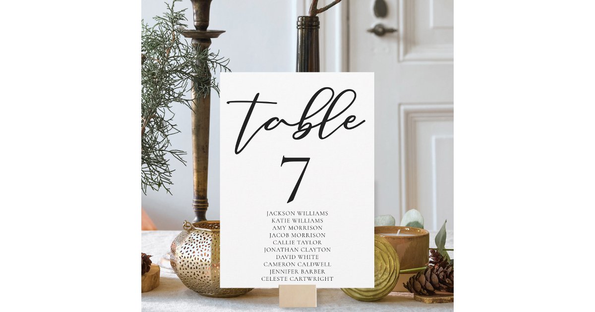 Simple Black Typography Table Number w/ Names | Zazzle