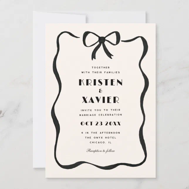 Simple Black Wavy Border Bow Wedding Invitation | Zazzle