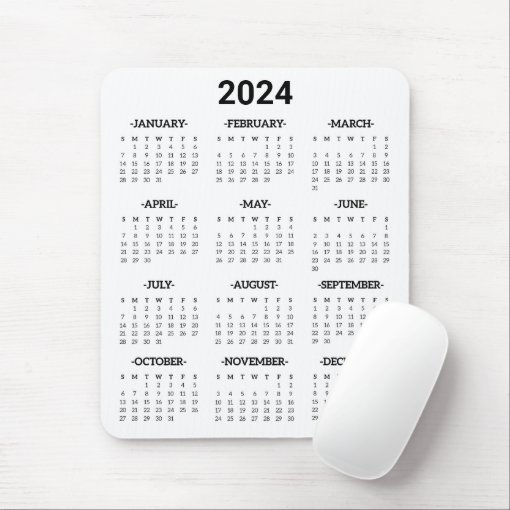 Simple Black & White 2024 Year At Glance Calendar Mouse Pad | Zazzle