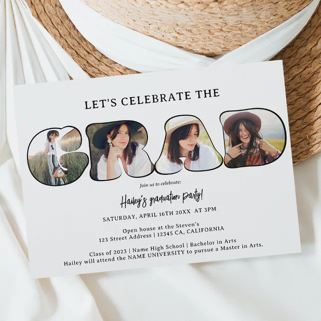 Simple black white 3 photos script graduation invitation | Zazzle