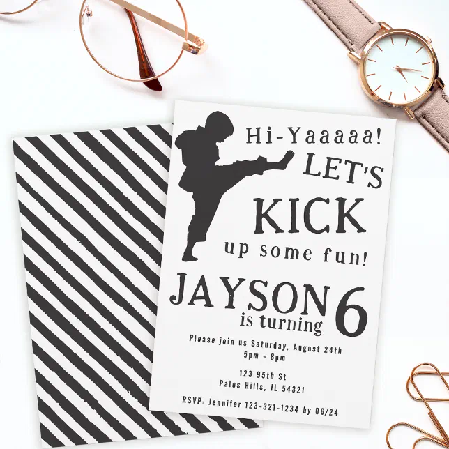 Simple black white boy karate birthday Invitation | Zazzle
