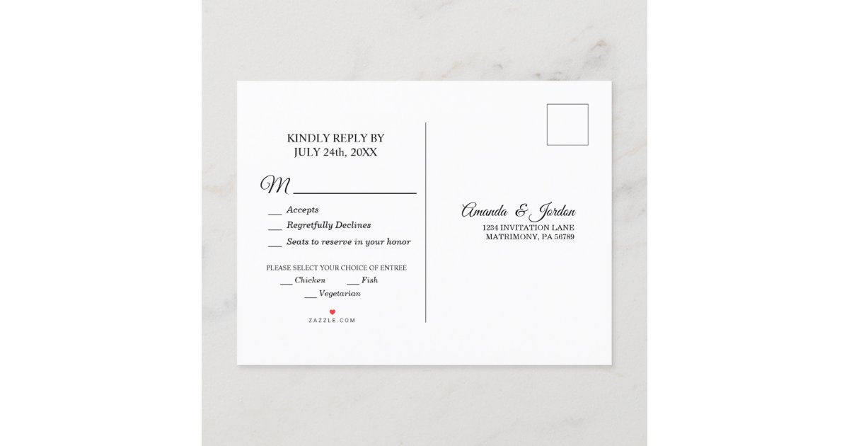 Simple Black White Calligraphy Response Postcard | Zazzle