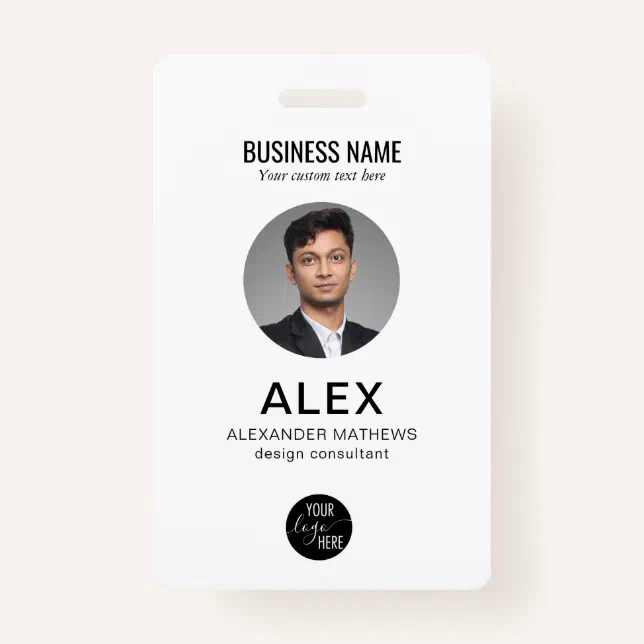 Simple Black White Company Logo Photo ID Barcode Badge | Zazzle