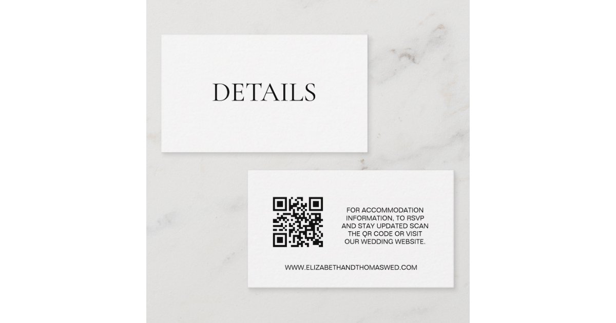 Simple Black white Details Wedding website QR code Enclosure Card | Zazzle