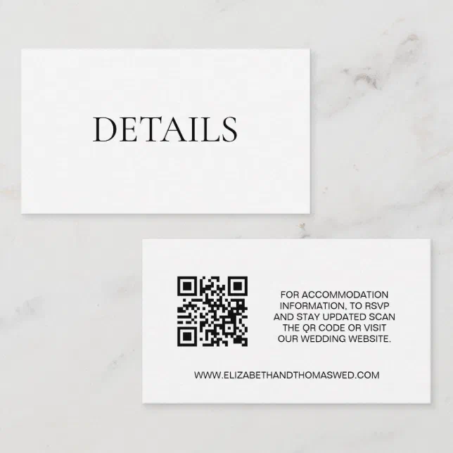 Simple Black white Details Wedding website QR code Enclosure Card | Zazzle