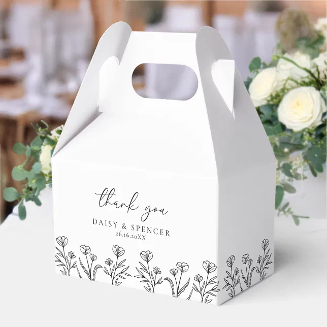 Simple Black & White Floral Outline Wedding Gable Favor Boxes | Zazzle