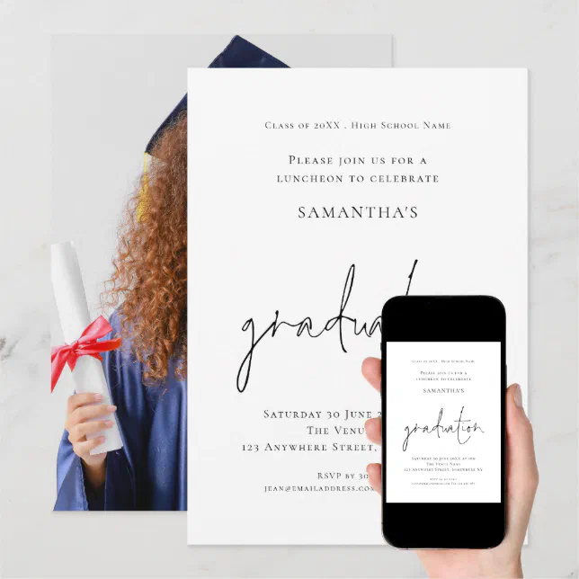 Simple Black White Grad Luncheon Photo Graduation Invitation | Zazzle