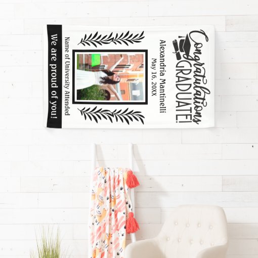 Simple Black &White Graduation One Photo Vertical Banner | Zazzle