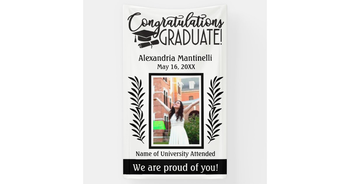 Simple Black &White Graduation One Photo Vertical Banner | Zazzle