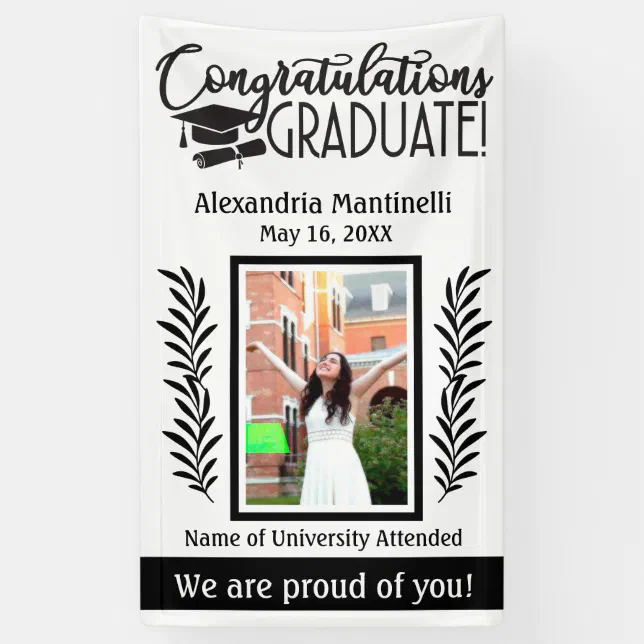 Simple Black &White Graduation One Photo Vertical Banner | Zazzle