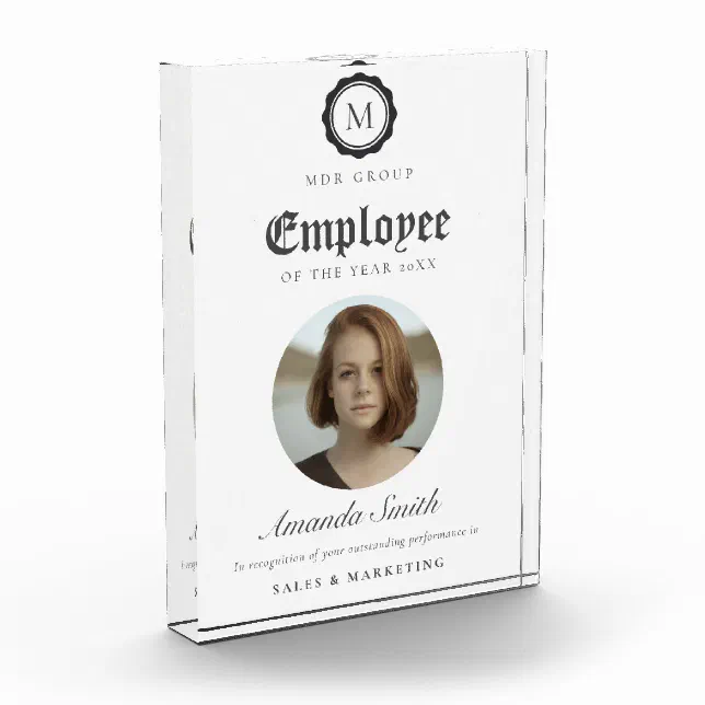 Simple Black White Logo Photo Employee Recognition Acrylic Award | Zazzle
