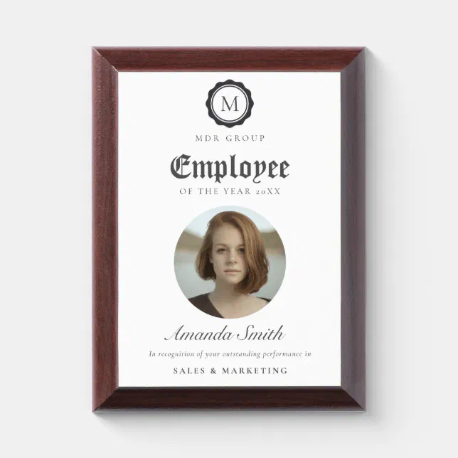 Simple Black White Logo Photo Employee Recognition Award Plaque | Zazzle