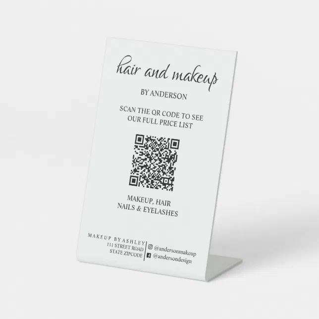 Simple black & white makeup digital QR price Pedestal Sign | Zazzle
