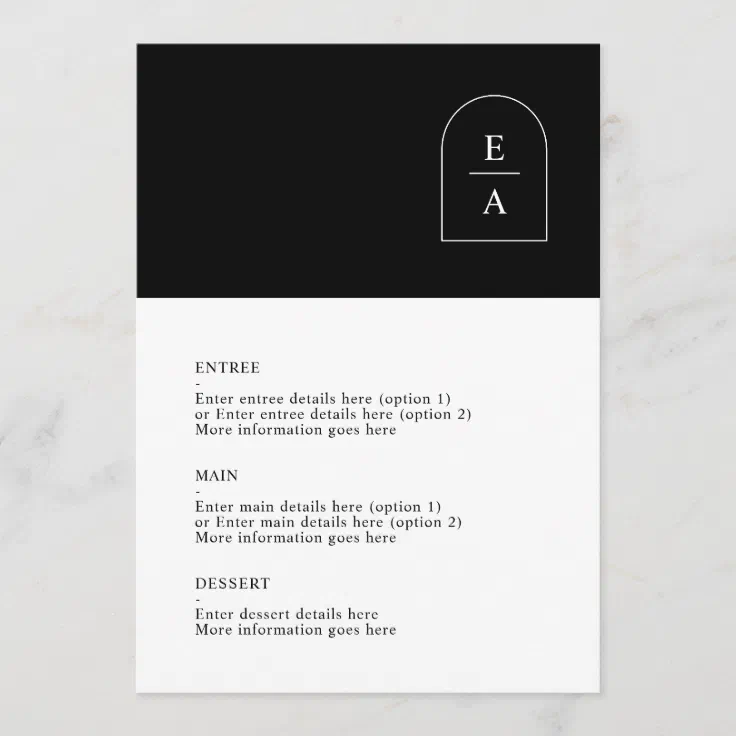 Simple Black & White Minimal Arch Monogram Wedding Menu | Zazzle