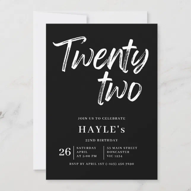 Simple Black & White Modern Brush 22nd Birthday Invitation | Zazzle