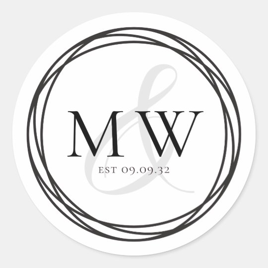 Simple Black White Monogram Wedding Classic Round Sticker | Zazzle.com