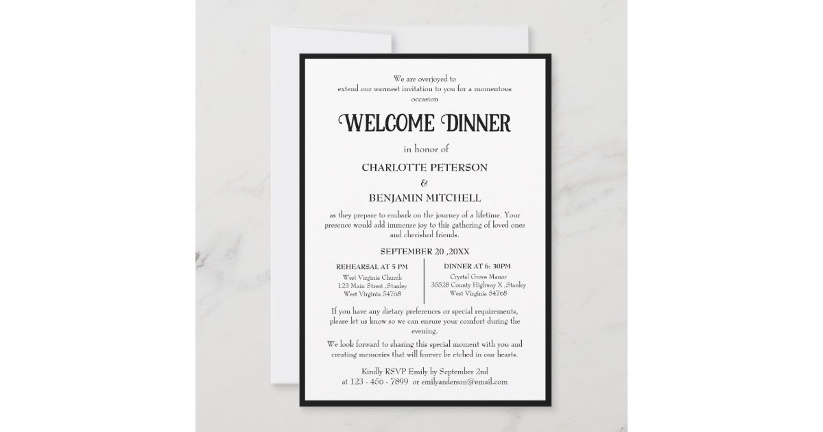 Simple Black & White Rehearsal Welcome Dinner Invitation | Zazzle