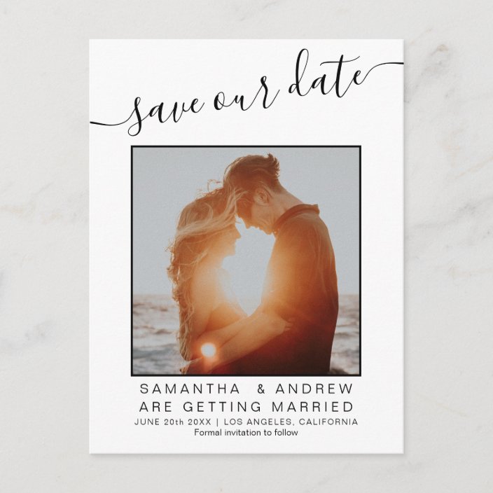 Simple black white save the date frame chic photo announcement postcard ...