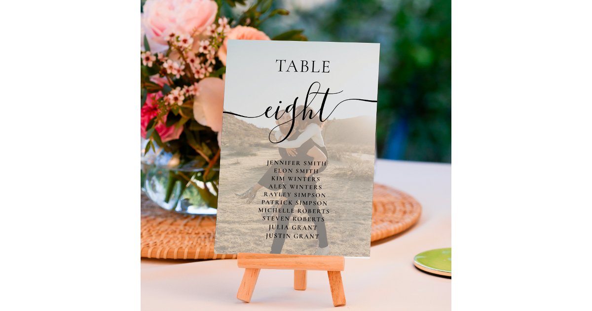 Simple black white script names photos wedding table number | Zazzle