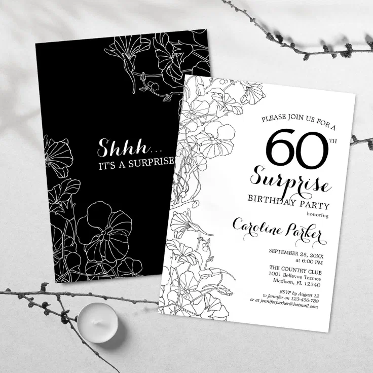 Simple Black White Surprise 60th Birthday Party Invitation | Zazzle