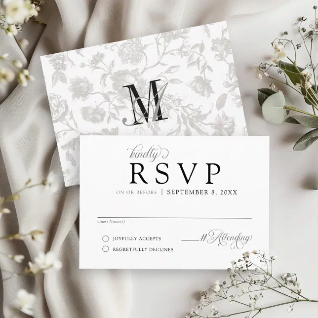 Simple Black & White Vintage Floral Formal Wedding RSVP Card | Zazzle