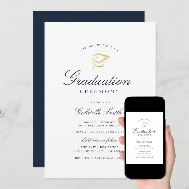 simple blue and white graduation ceremony invitation | Zazzle