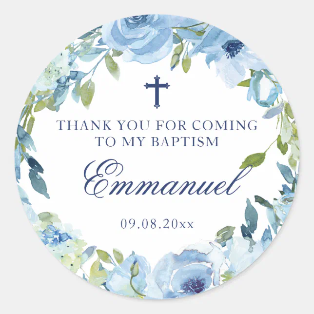 Simple Blue Baptism Favors for Boys Classic Round Sticker | Zazzle