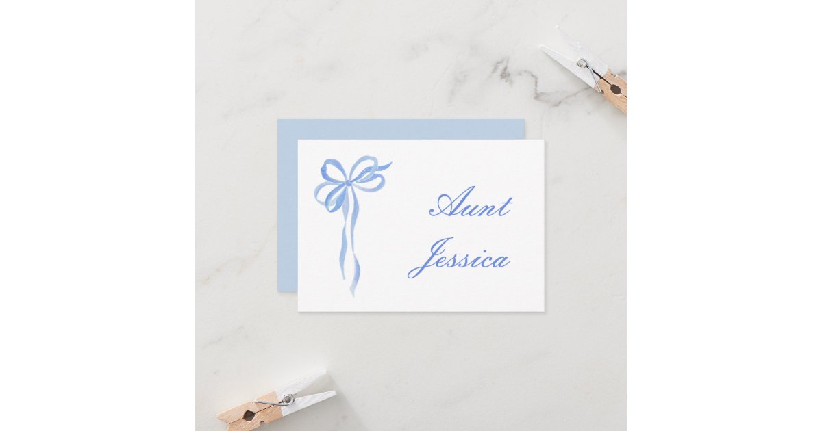 Simple blue bow flat place card | Zazzle