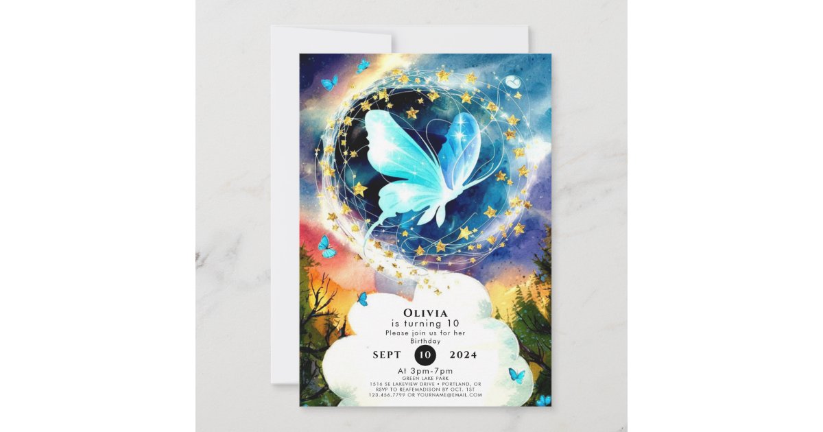Simple Blue Butterfly Birthday Invitation | Zazzle