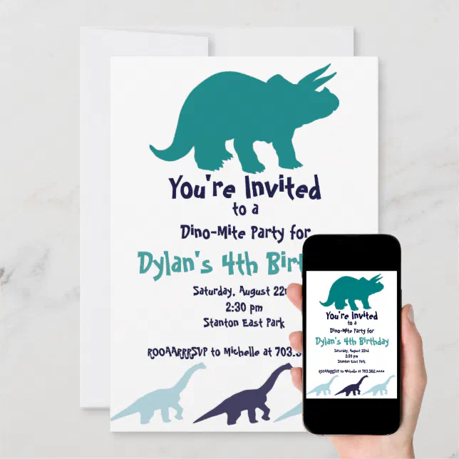 Simple Blue Dinosaur Birthday Party Invitations | Zazzle