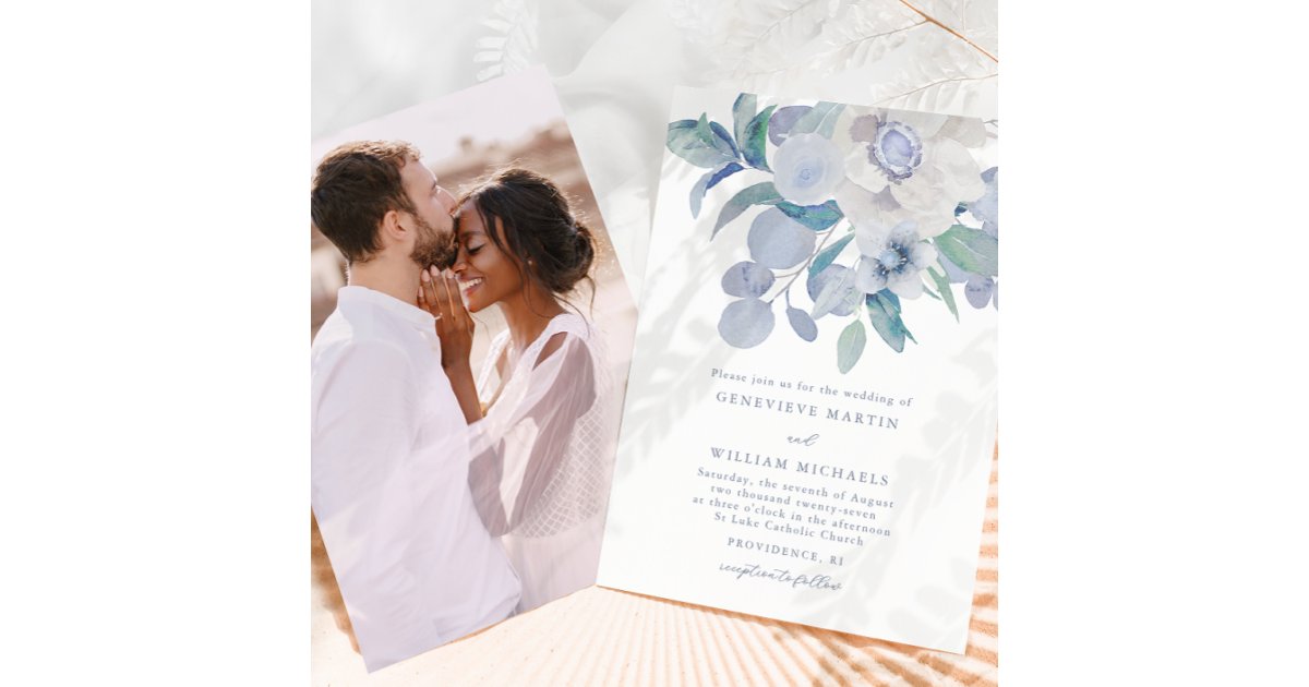 Simple Blue Floral Photo Wedding Invitation | Zazzle