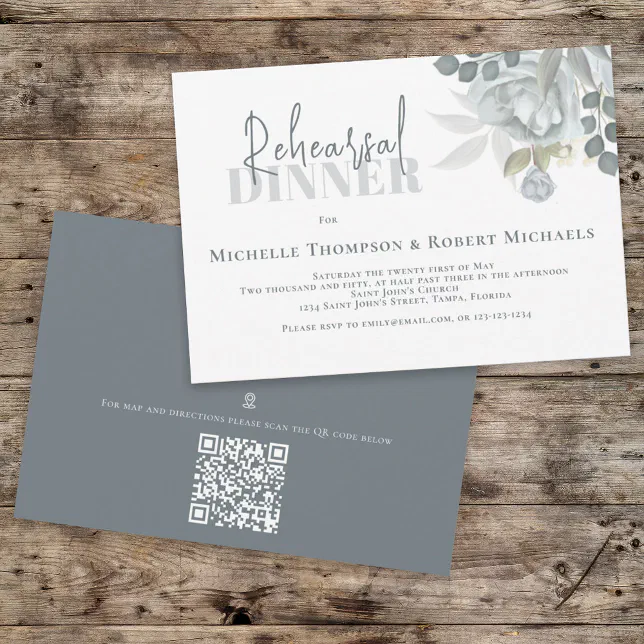 Simple Blue Floral Rehearsal Dinner QR Code Map Invitation | Zazzle