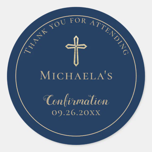 Simple Blue Gold Cross Confirmation Classic Round Sticker | Zazzle