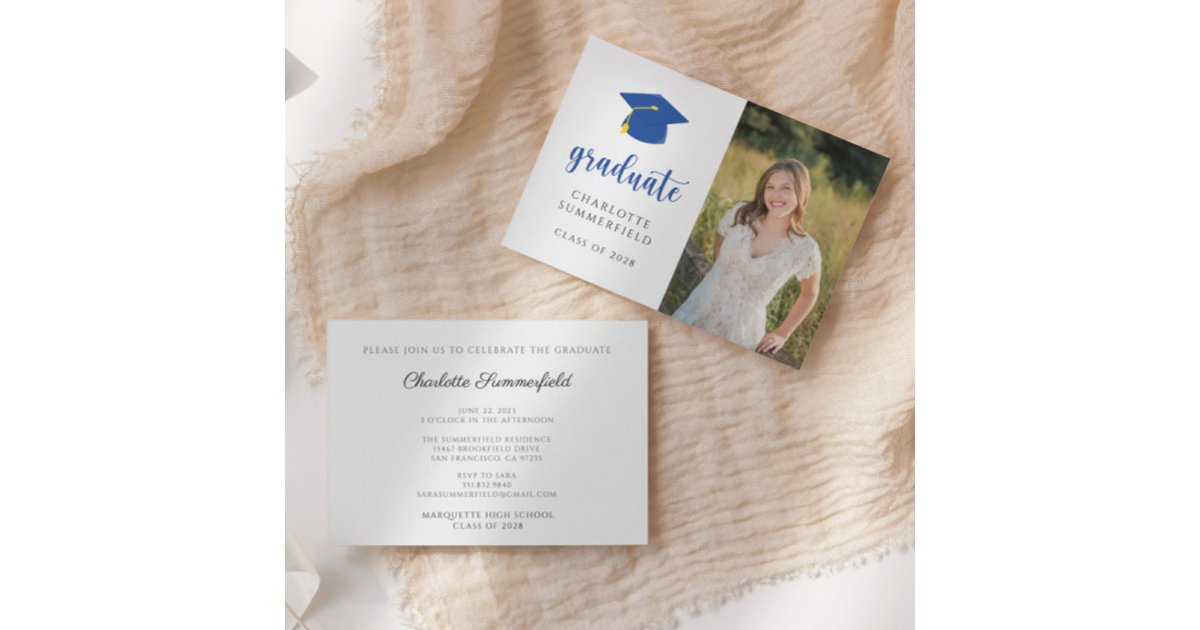 Simple Blue Gold Graduation Cap Tassel Invitation | Zazzle