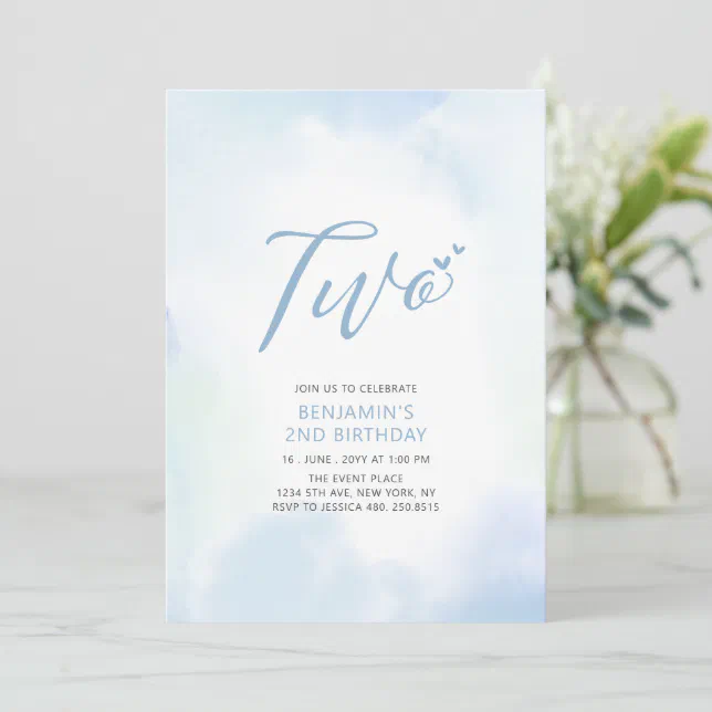 Simple Blue Heart Two 2nd Boy Birthday Party Invitation | Zazzle