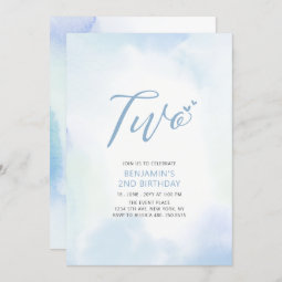 Simple Blue Heart Two 2nd Boy Birthday Party Invitation | Zazzle