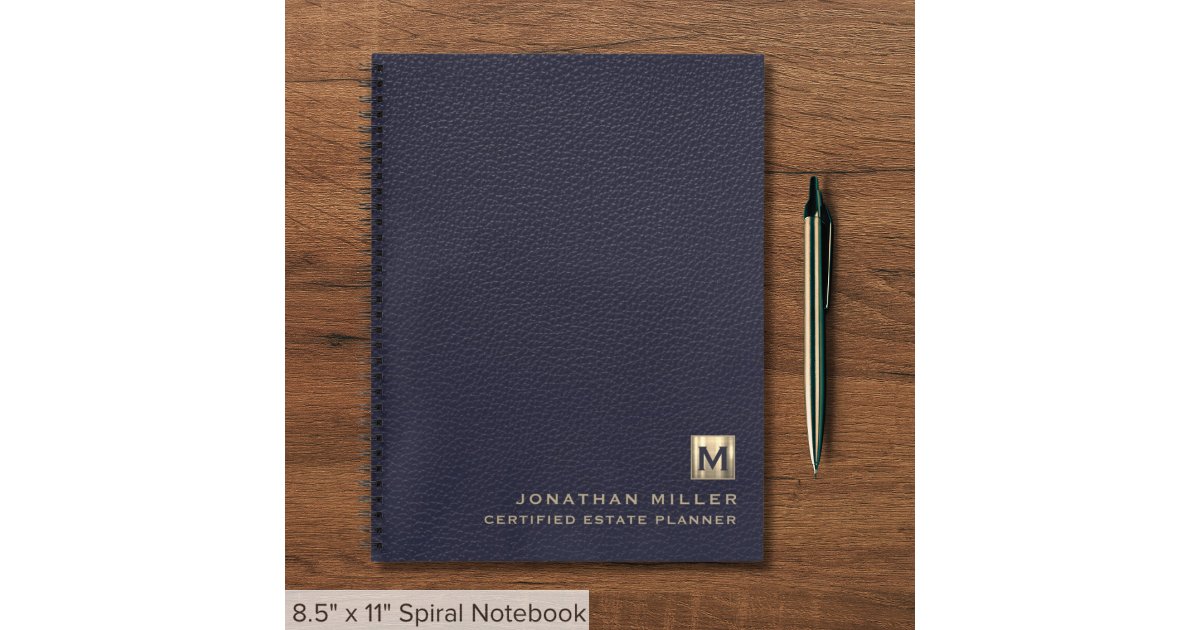 Simple Blue Leather Elegant Gold Monogram Notebook | Zazzle