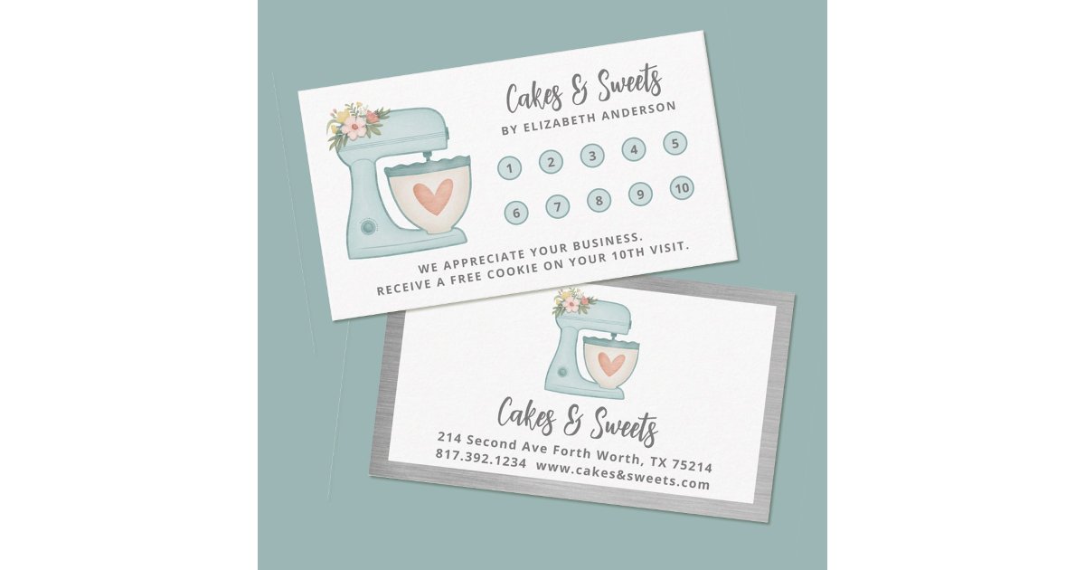 Simple Blue Mixer Floral Cake Bakery Business Loyalty Card | Zazzle