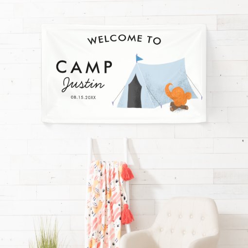 Simple Blue Tent Camping Birthday Party Welcome Banner | Zazzle