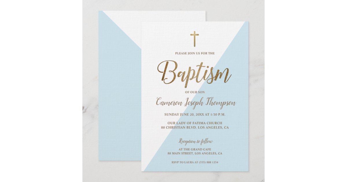Simple Blue White Gold Modern Baptism Invitation | Zazzle