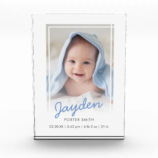 Simple Blue White Gradient Baby Birth Keepsake Photo Block | Zazzle