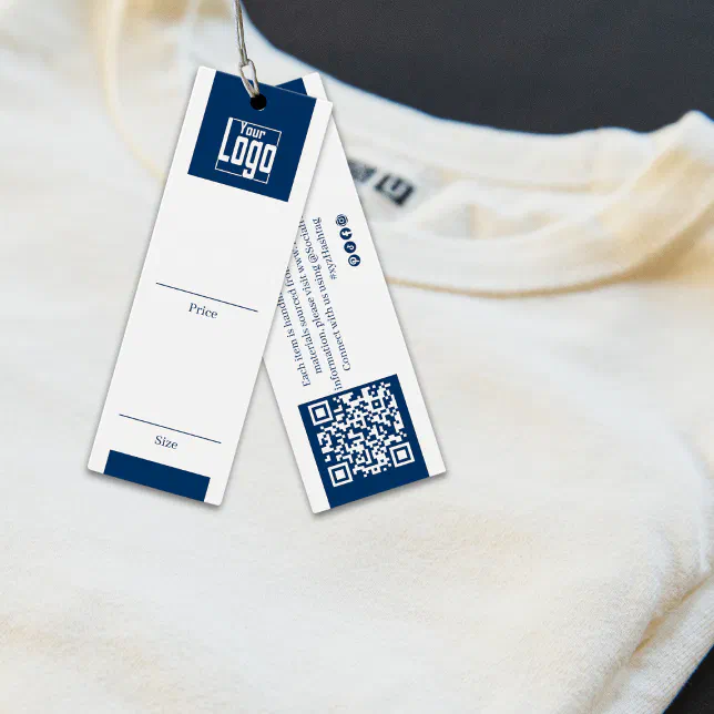 Simple Blue White Logo QR Code Clothing Price Tag | Zazzle