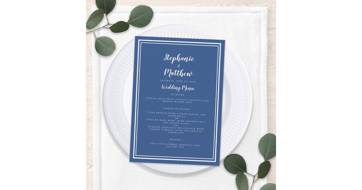 Simple Blue & White Wedding Menu Classic Framed | Zazzle