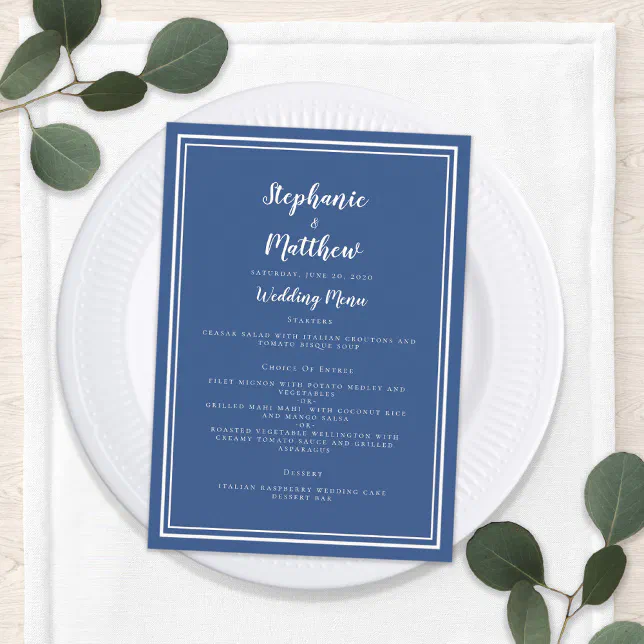 Simple Blue & White Wedding Menu Classic Framed | Zazzle