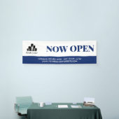 Simple Blue White Your Logo Now Open Banner | Zazzle
