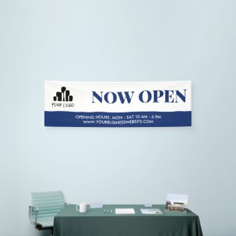 Simple Blue White Your Logo Now Open Banner | Zazzle
