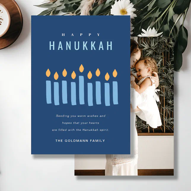Simple Blue Yellow Candles Happy Hanukkah Photo Holiday Card | Zazzle